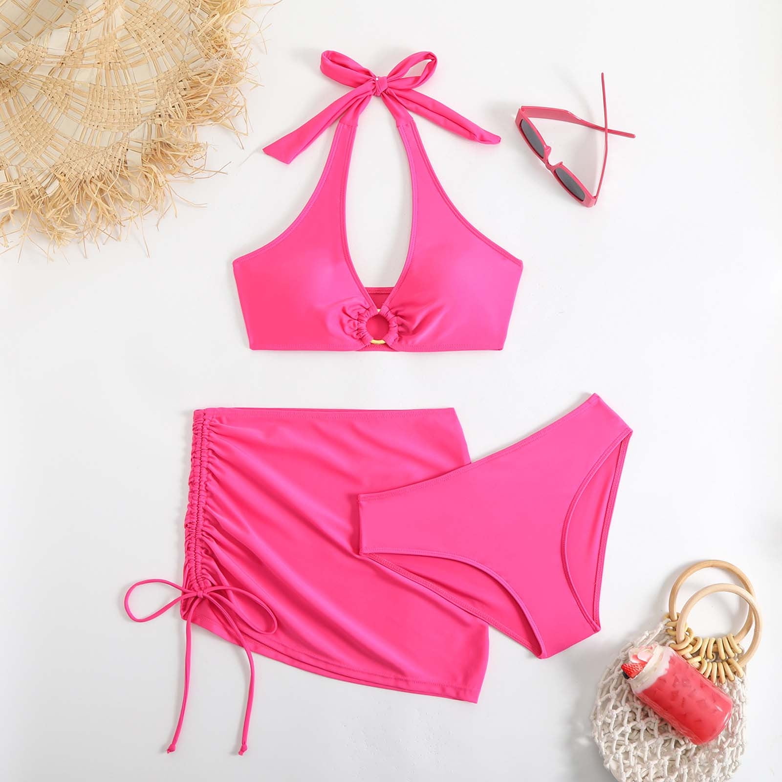 Munlar Bikinis Sexy Swimsuits for Women 3 Piece Hot Pink Halter Solid Sexy Bikini Bottom Bathing ...