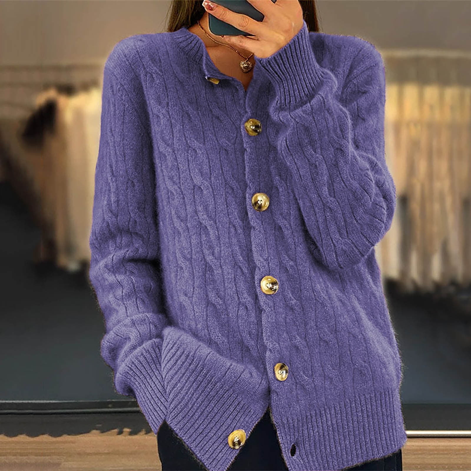 Munlar Crew Neck Cardigan Sweaters for Women Purple Long Sleeve Cable ...