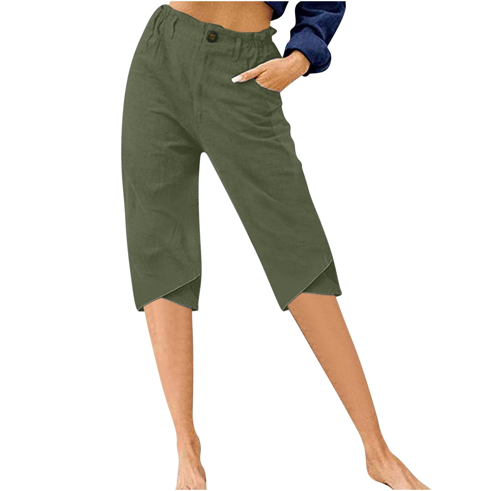 Munlar Knee Length Women's Capris Mid Rise Pull on Army Green with Pockets Slim Solid Shorts ...