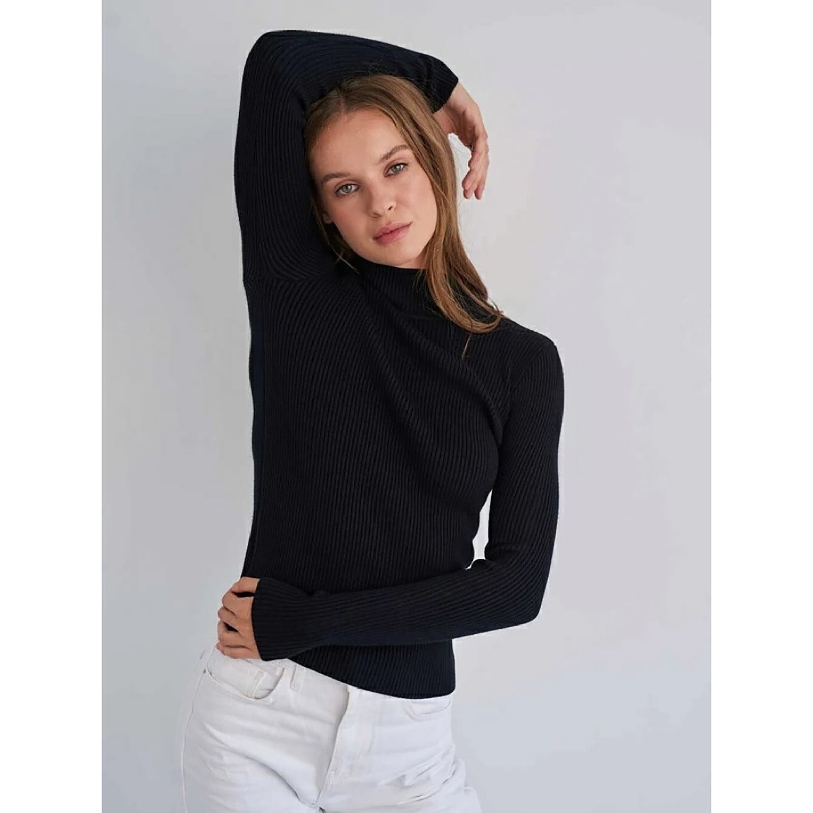 Munlar Long Sleeve Cable Knit Sweater Women Turtleneck Black Oversized ...