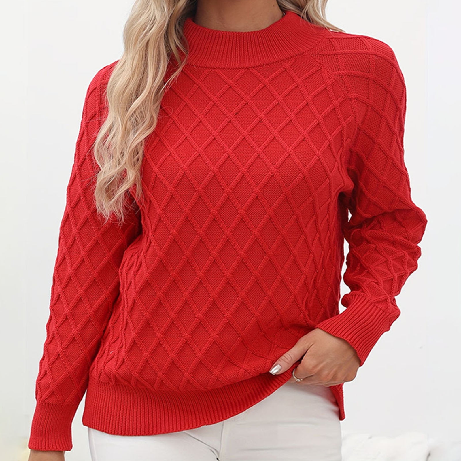 Munlar Long Sleeve Pullover Sweaters for Women Crew Neck Red Cable Knit ...