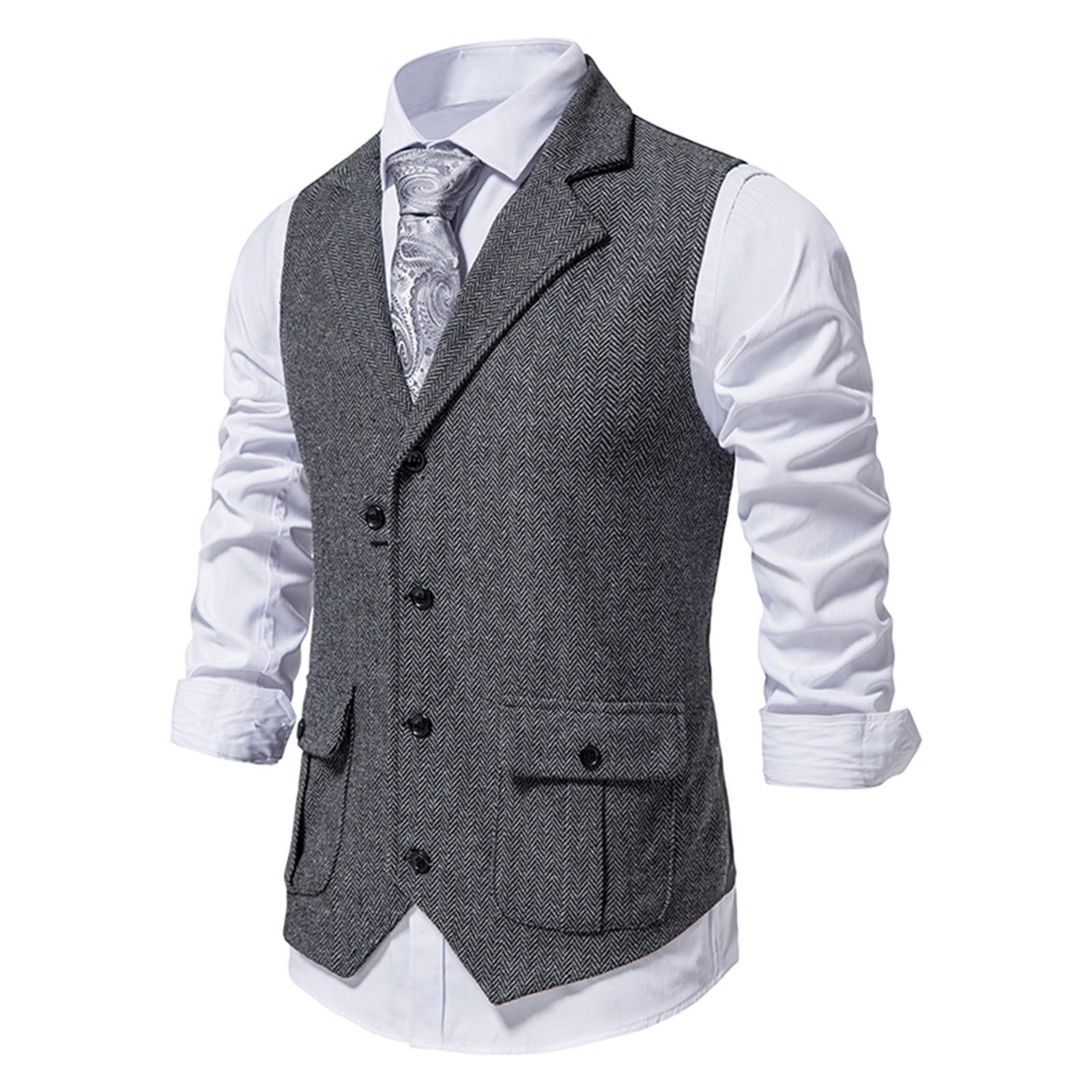 Munlar Men Puffer Jacket- Herringbone Tweed Suit Vest Vintage Lapel ...