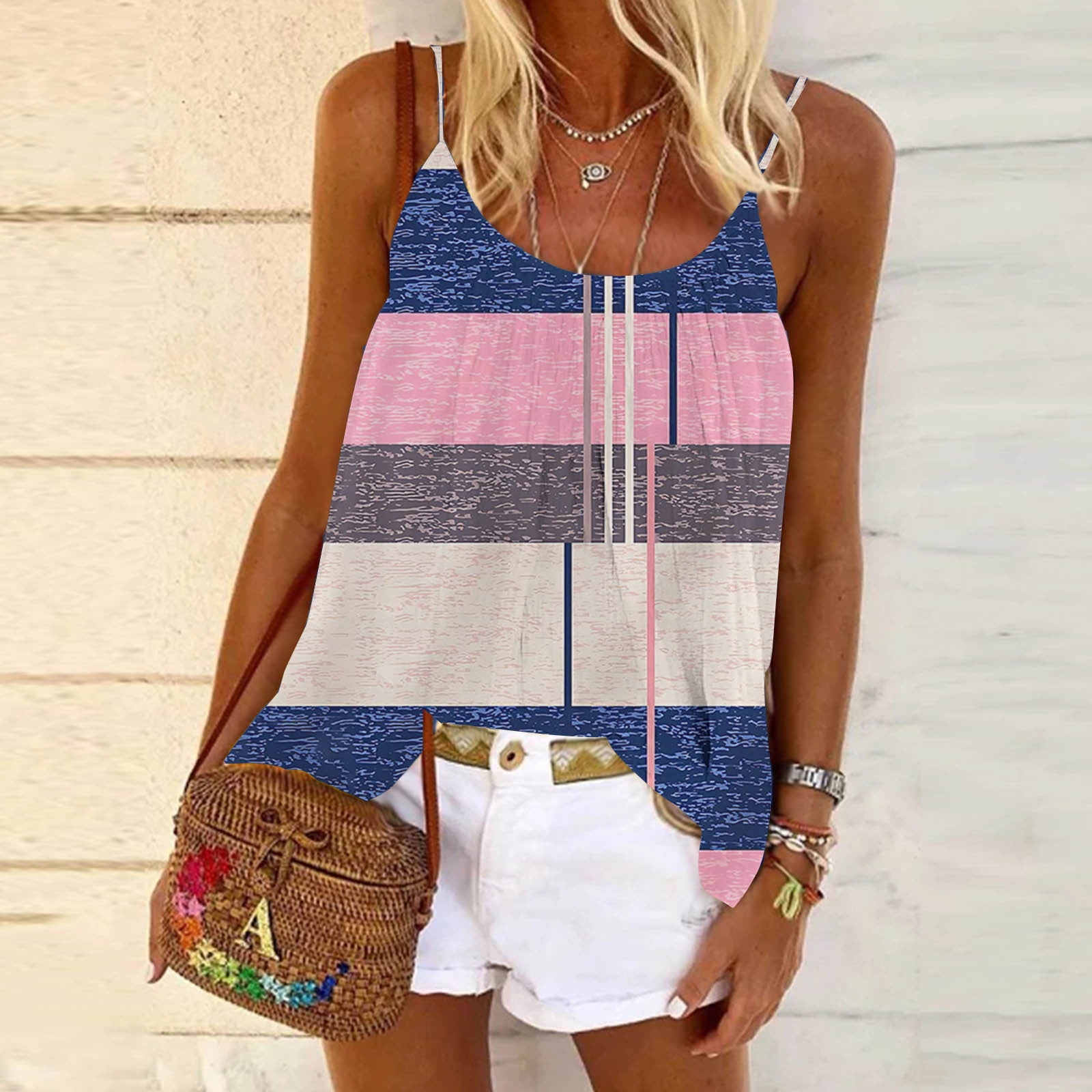 Munlar Pleated Trendy Tops for Women 2025 Pink Color Blocking Spaghetti ...