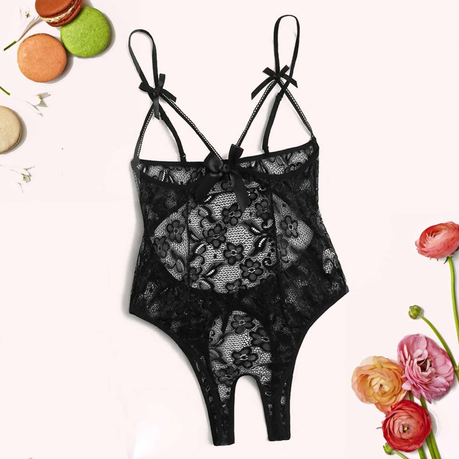 Munlar Sheer Womens Lingerie Crotchless Floral Lace Teddy Bodysuit