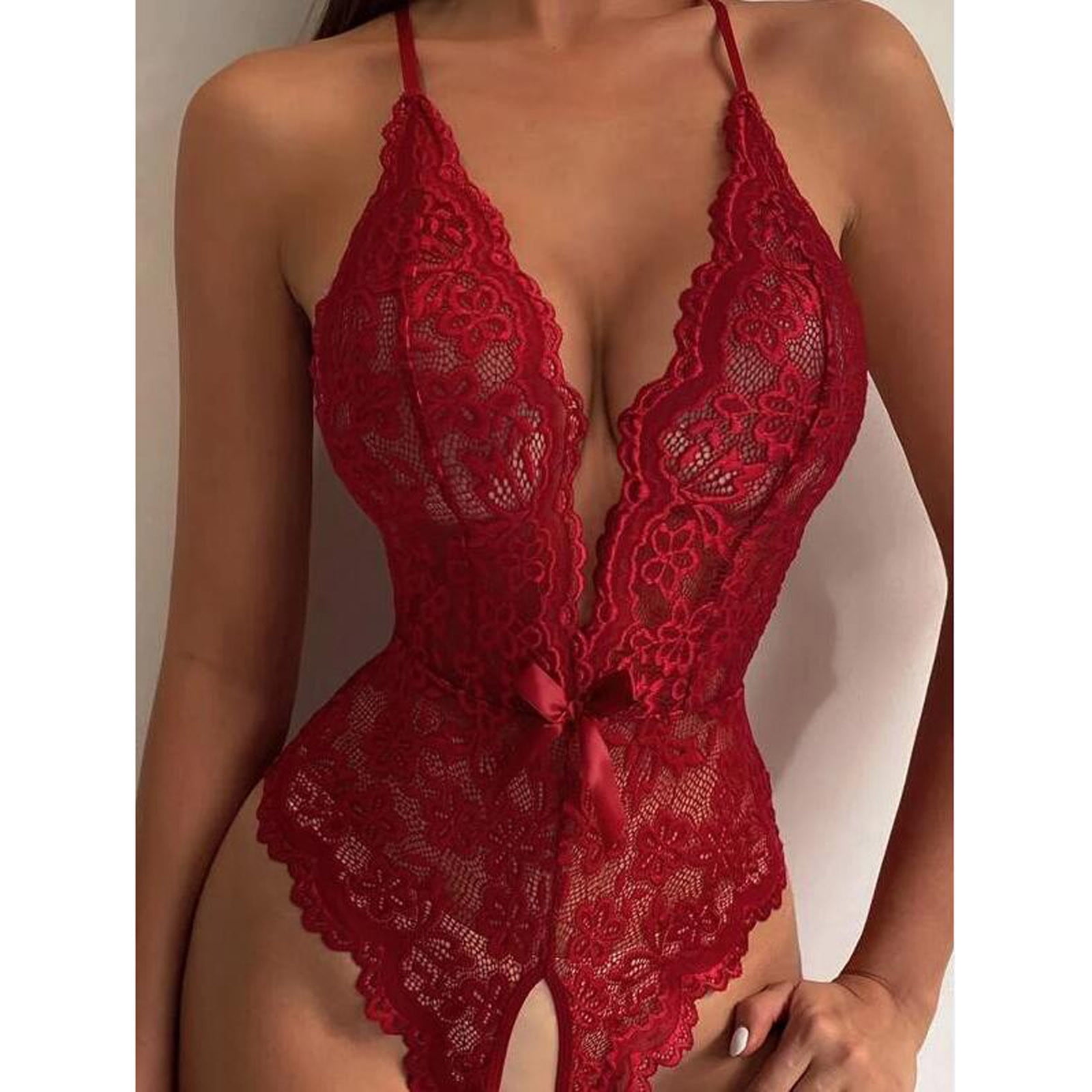 Munlar Sheer Womens Lingerie Floral Lace Crotchless Teddy Bodysuit