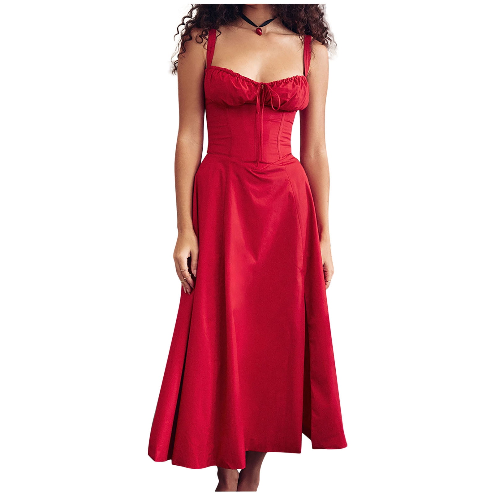 Munlar Square Neck Women's Sun Dress Red Sleeveless Dress Sexy High ...