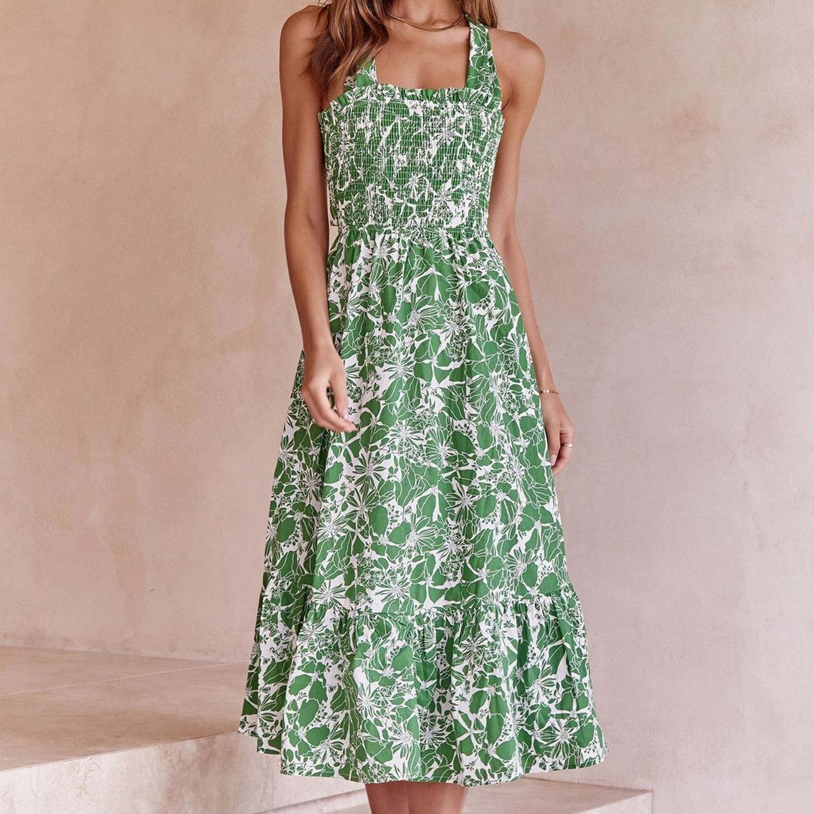 Munlar Square Neck Women's Sun Dress Sleeveless Green Dress Summer A ...