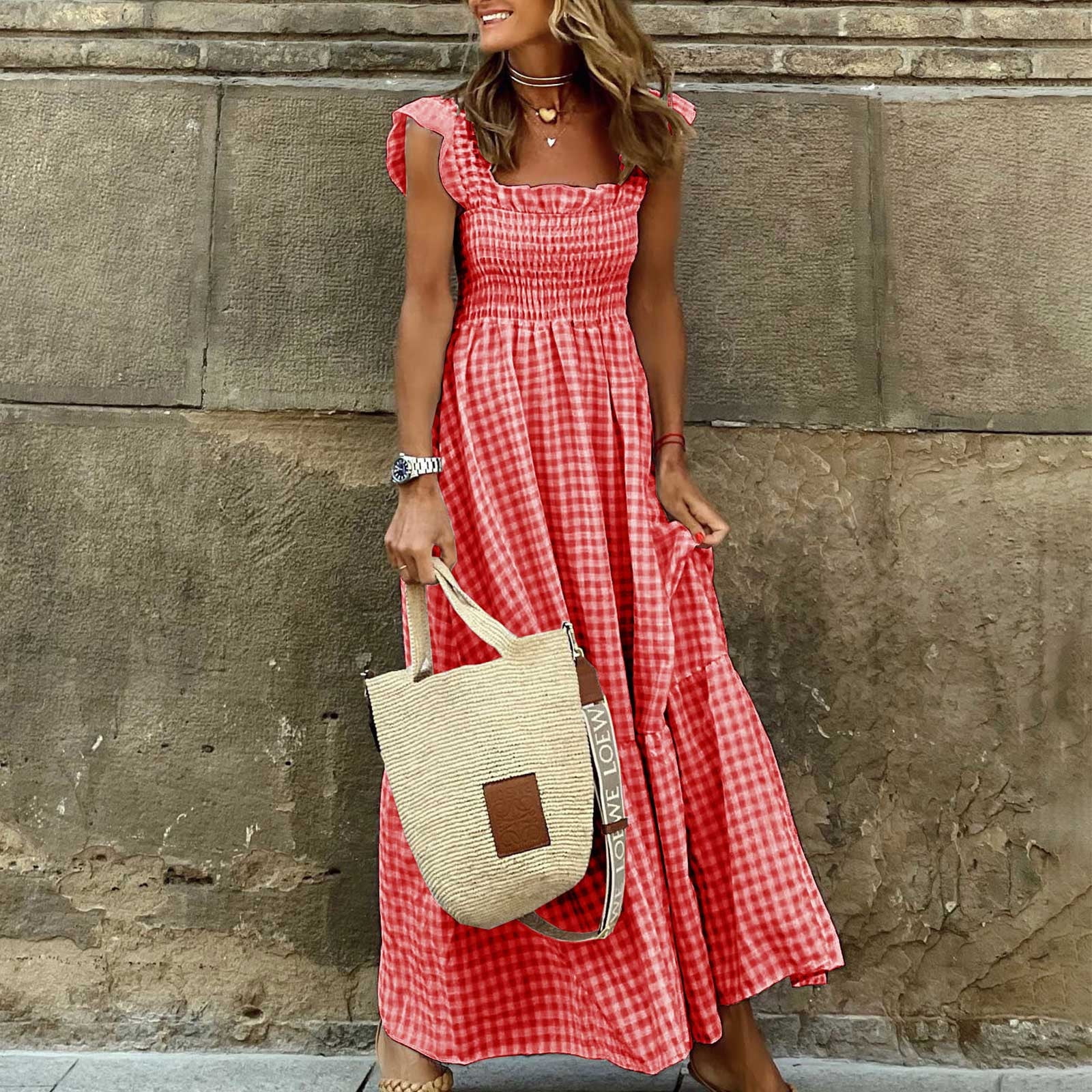 Munlar Sun Dress for Women Ruffles Red A-Line Flowy Dress Square Neck ...