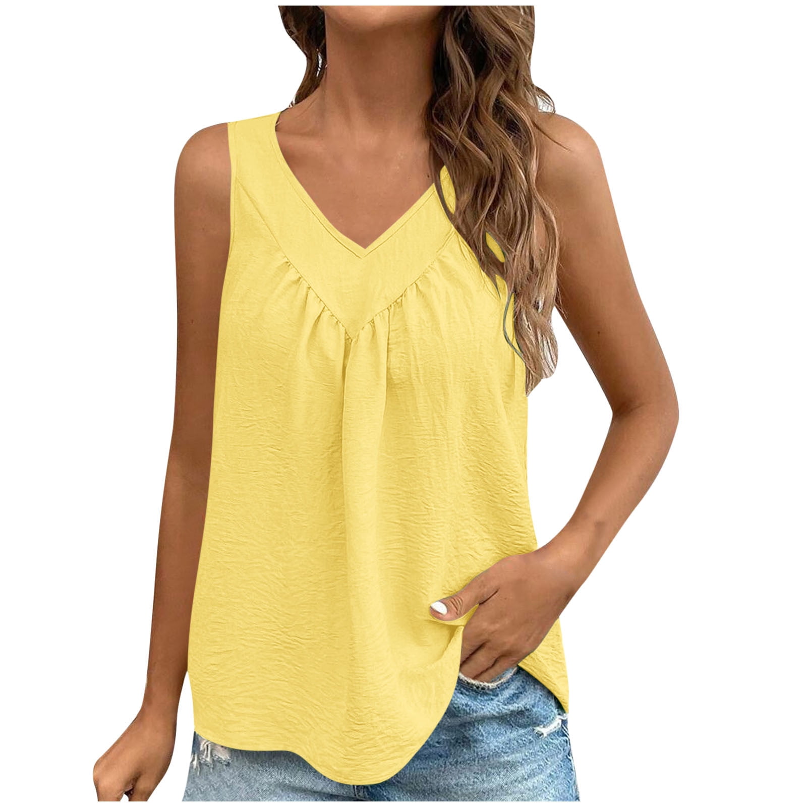 Munlar Tank Tops for Women Beach Yellow 2025 Loose V-Neck Solid ...