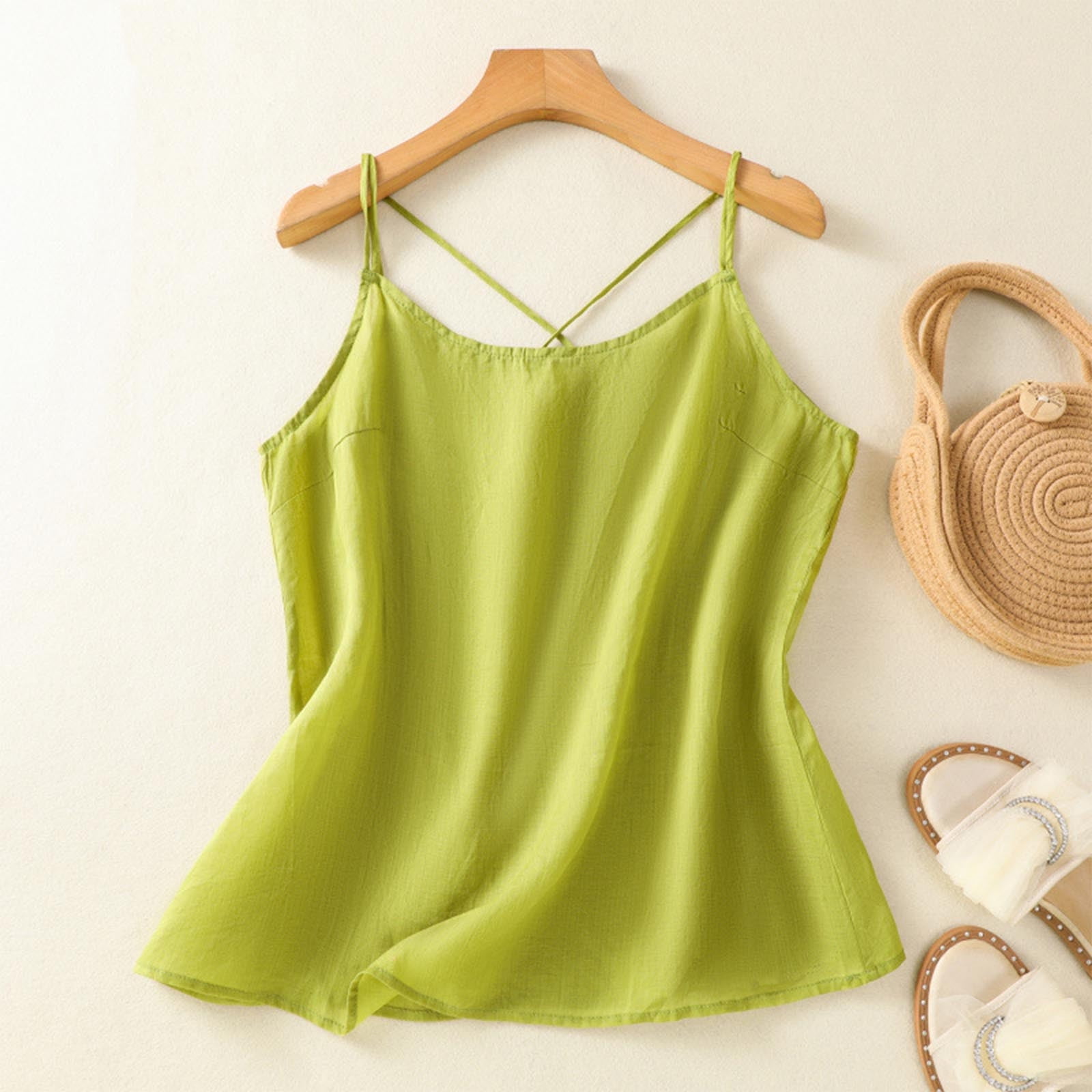 Munlar Tops for Women Trendy Green Solid Color Spaghetti Straps ...