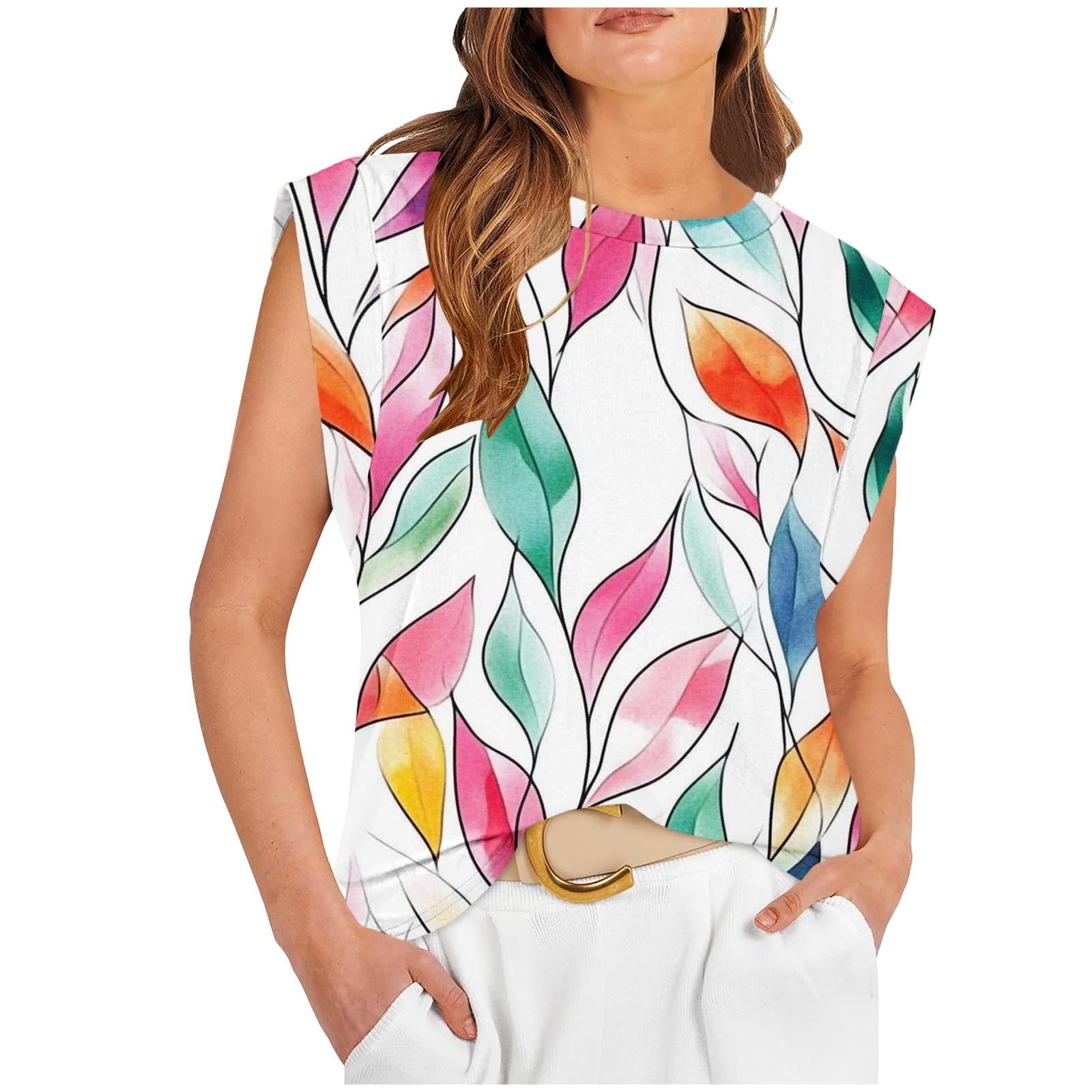 Munlar Tops for Women Trendy Loose Fit Leaf Print Flowy Sleeveless Crew ...