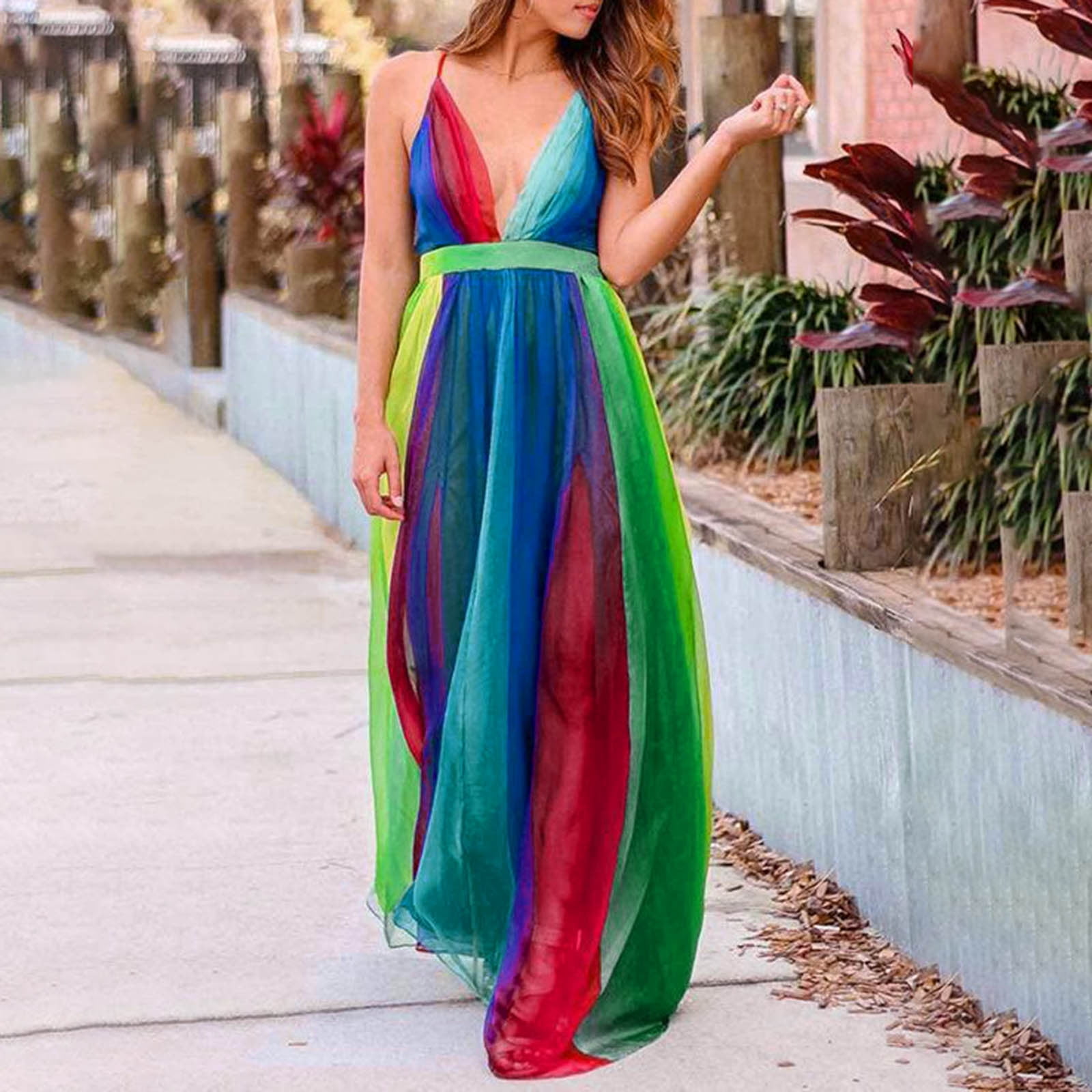 Munlar V Neck Women's Slip Dress Sleeveless Blue Dress Rainbow A-Line ...