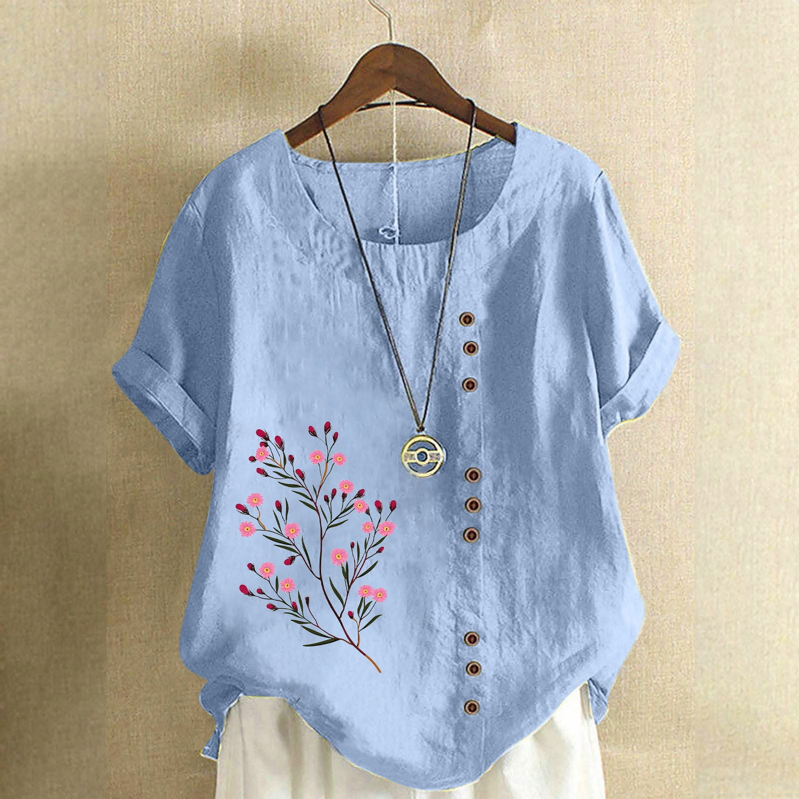 Munlar Women Tops Trendy 2025 Light Blue Summer Blouses Short Sleeve Loose Floral Print Crew ...