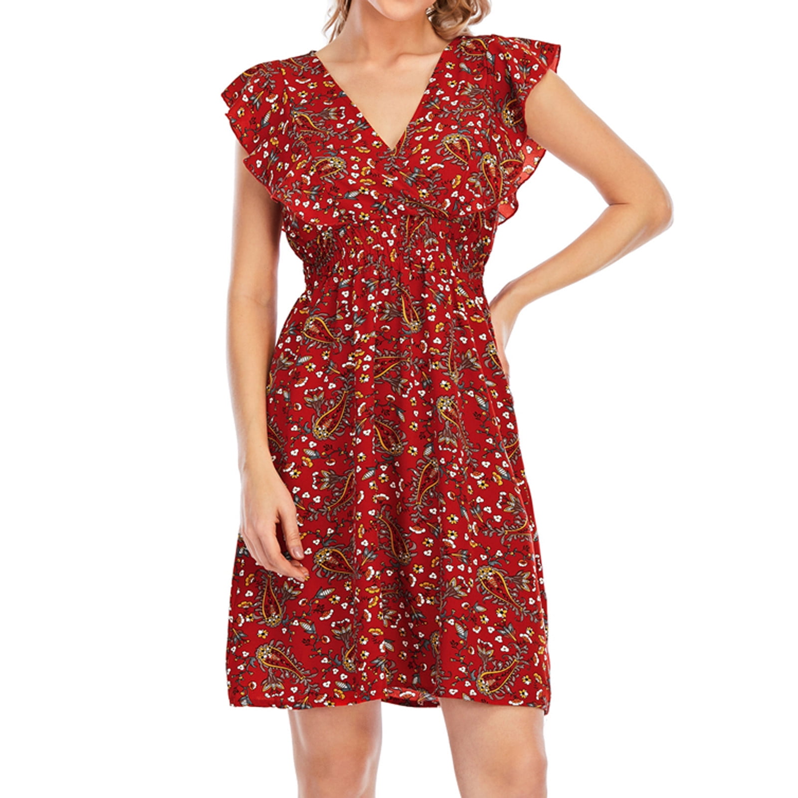 Munlar Women's Boho Floralprint Sundress Bodycon Red Sexy Mini Dress ...