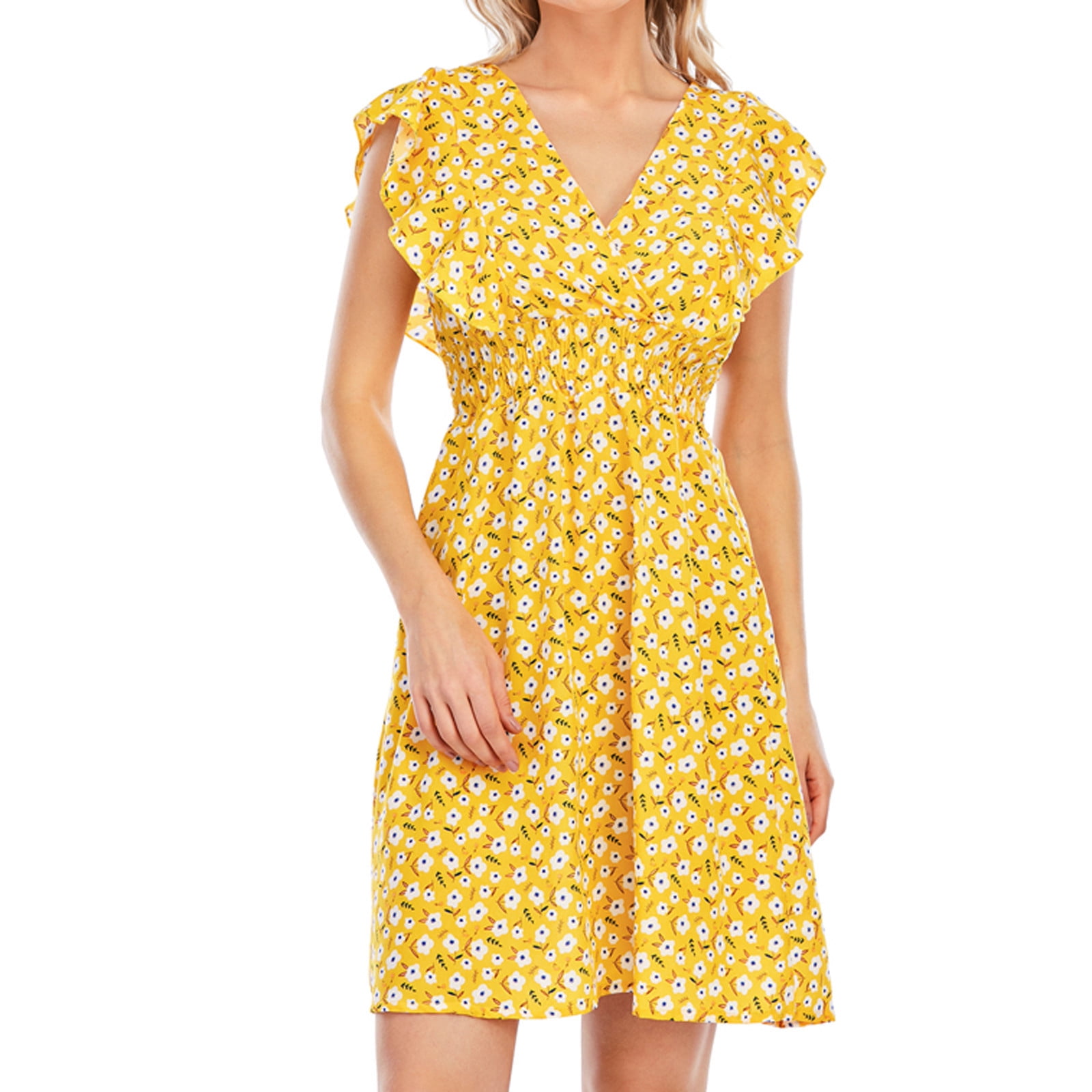 Munlar Women's Boho Floralprint Sundress Bodycon Yellow Sexy Mini Dress ...