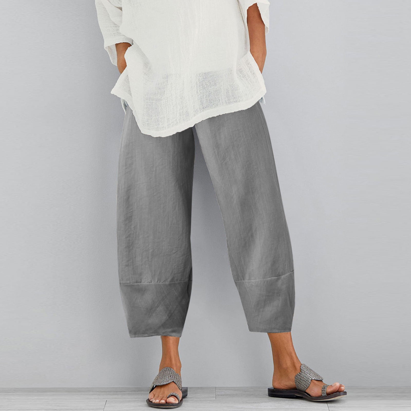 Munlar Women's Casual Pants Cropped Gray Linen Pants for Women High ...