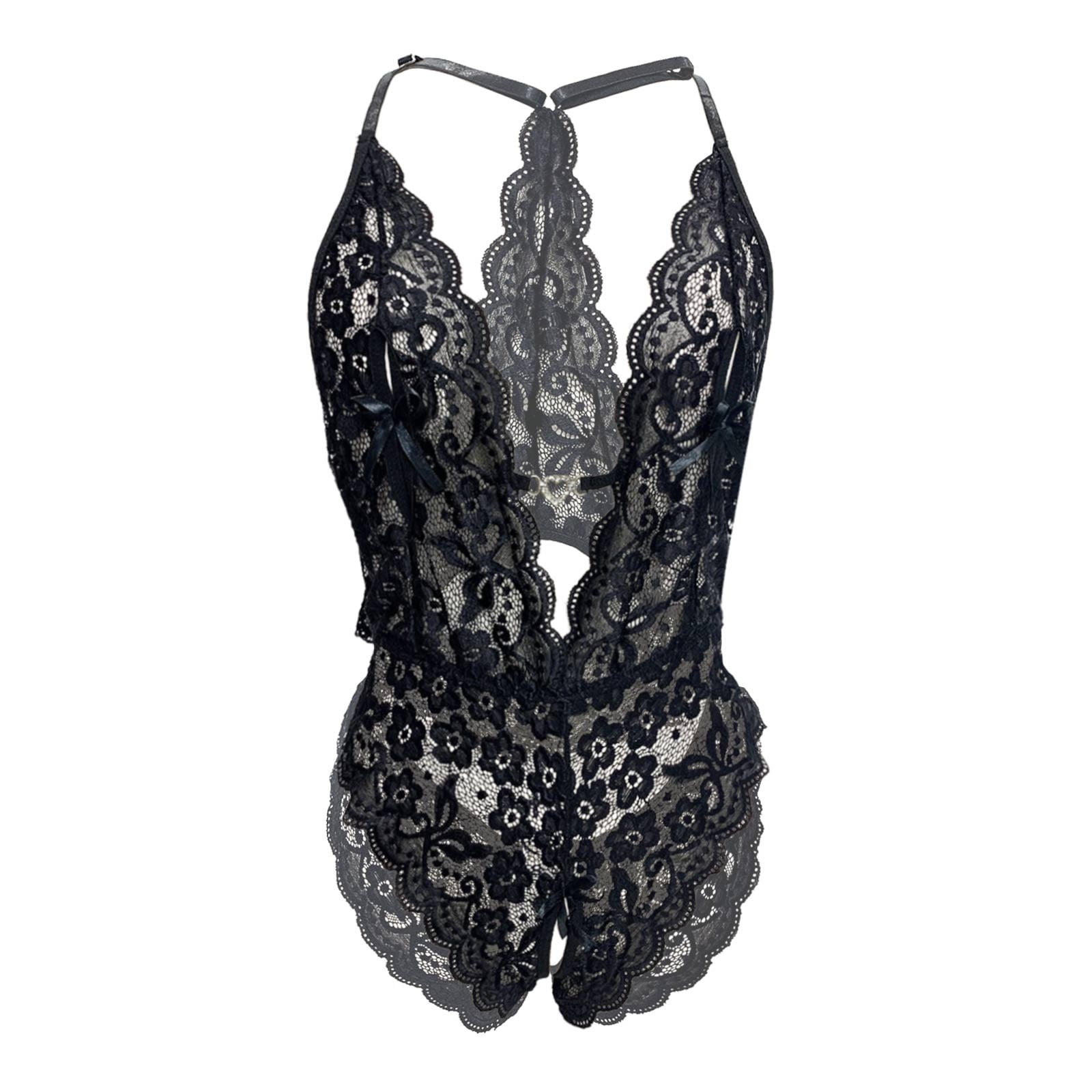 Munlar Womens Lingerie Crotchless Floral Lace Sheer Teddy Bodysuit