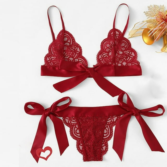 Munlar Womens Lingerie Floral Lace Strappy Sheer Underwear Set Sexy
