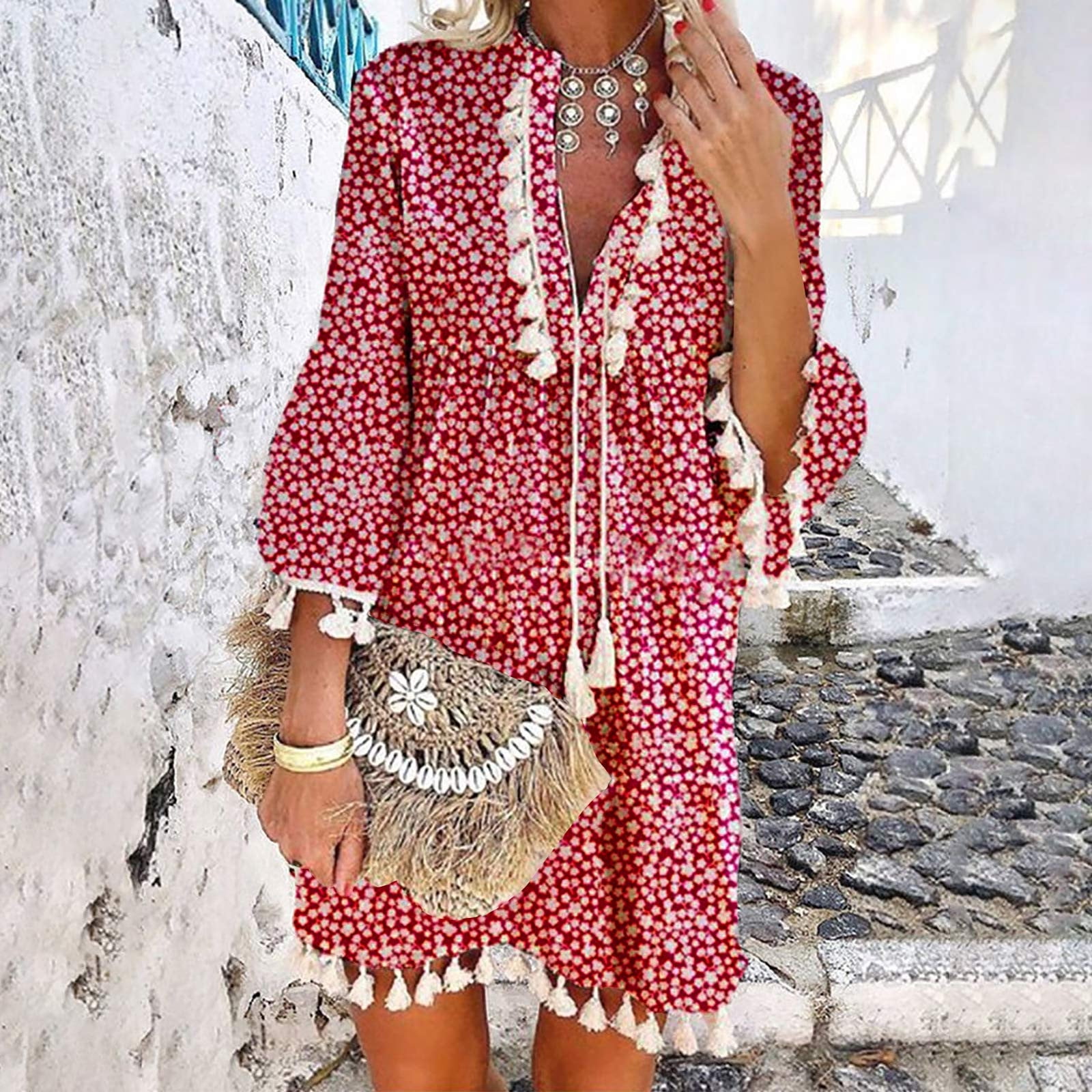 Munlar Women's Loose Mini Dress Floralprint Plus Size Red Sundress 3/4 ...