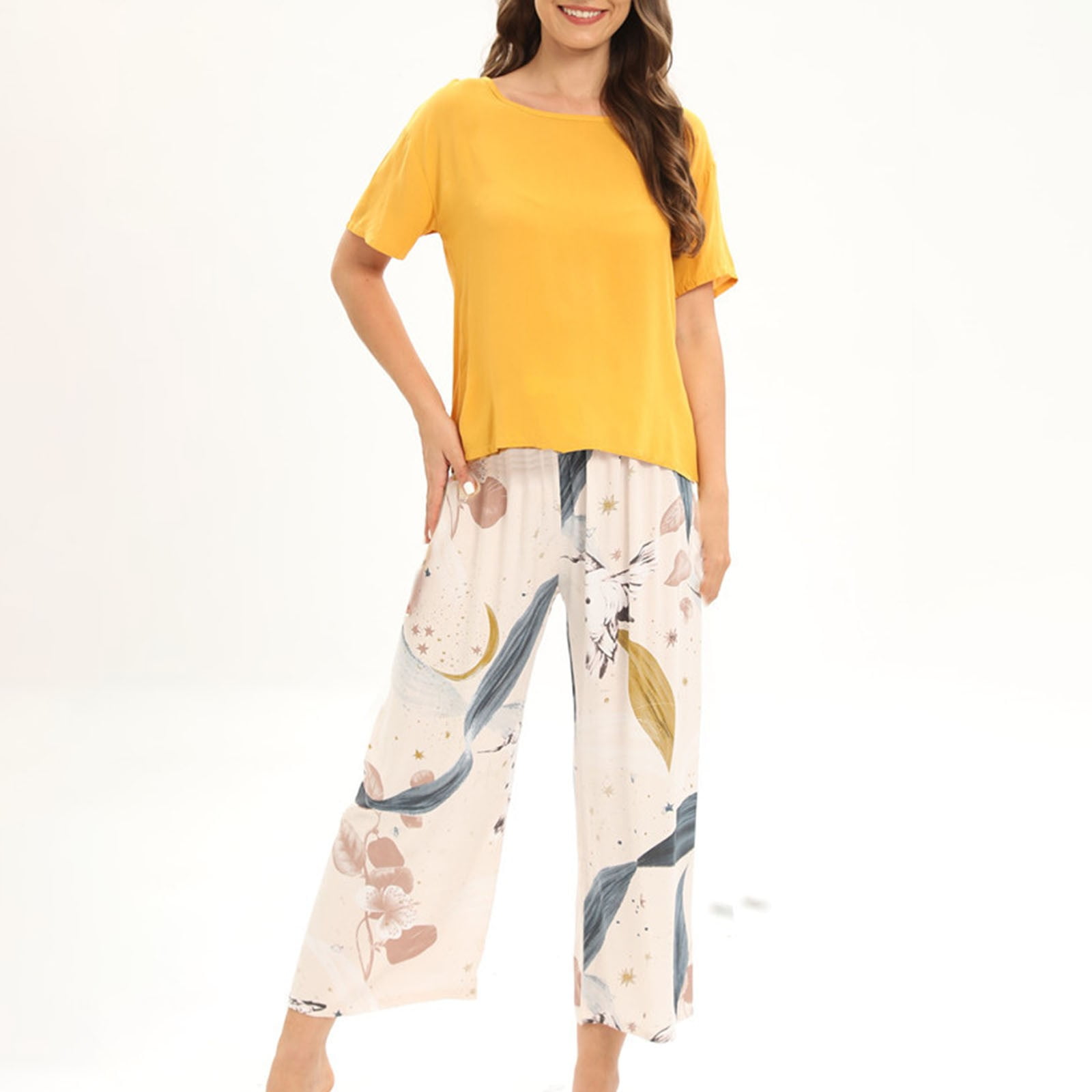 Munlar Women's Loungewear Tops and Capri Set Loose 2 Pieces Yellow ...