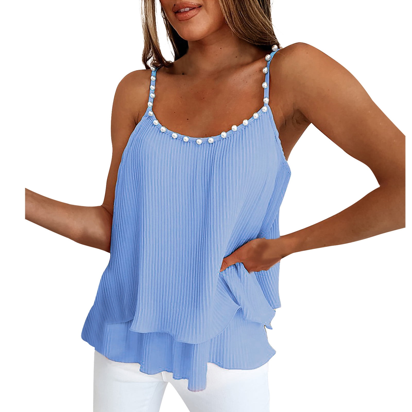 Munlar Women's Sexy Vest Double Layers Blue Strappy Ruffles Camisole ...