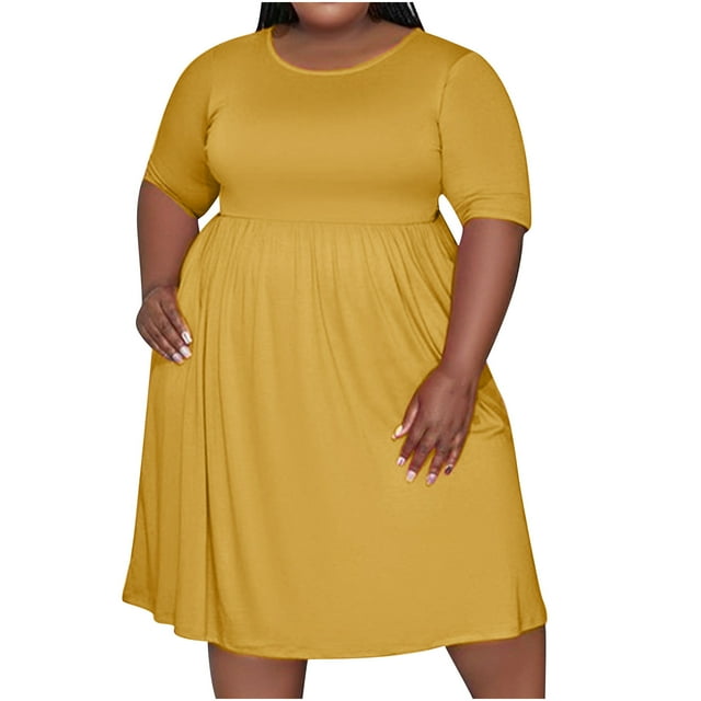 Munlar Womens Sundress Loose Plus Size Yellow Pleated Mini Dress Round Neck Summer Short Sleeve
