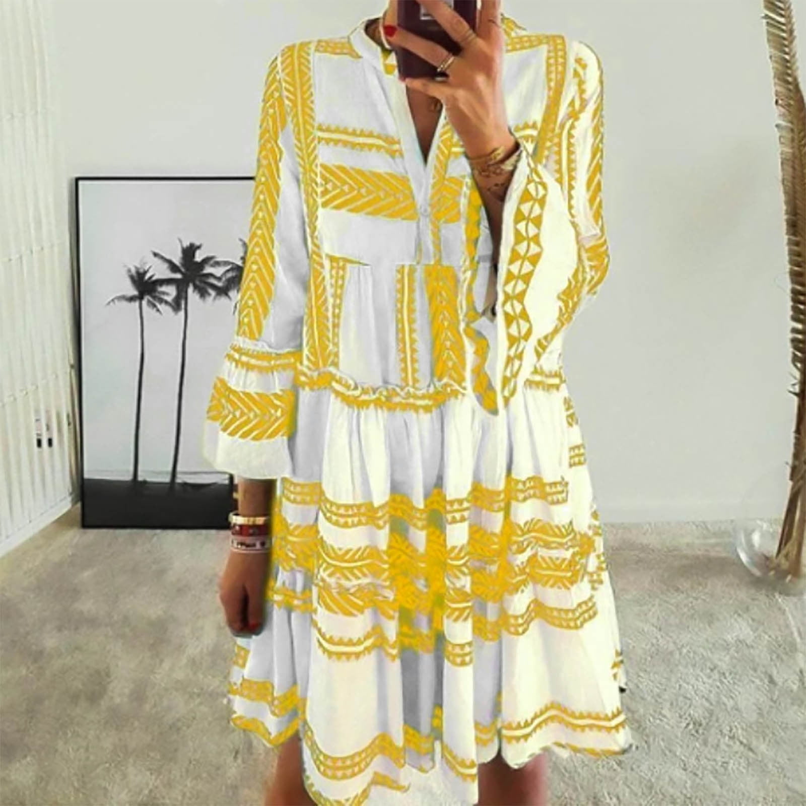 Munlar Women's Yellow Sundress Striped Pleated Loose Mini Dress Summer ...