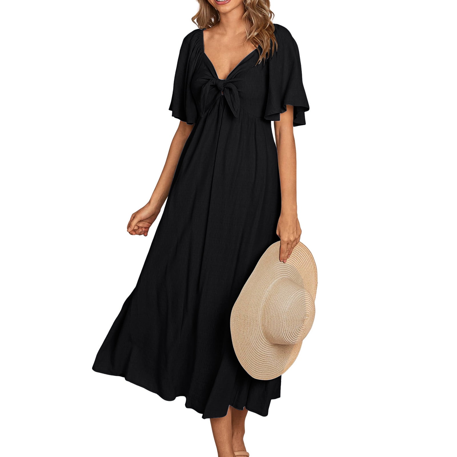 Munlar Womens Flowy Sundress Black Short Sleeve A-line V Neck Midi ...