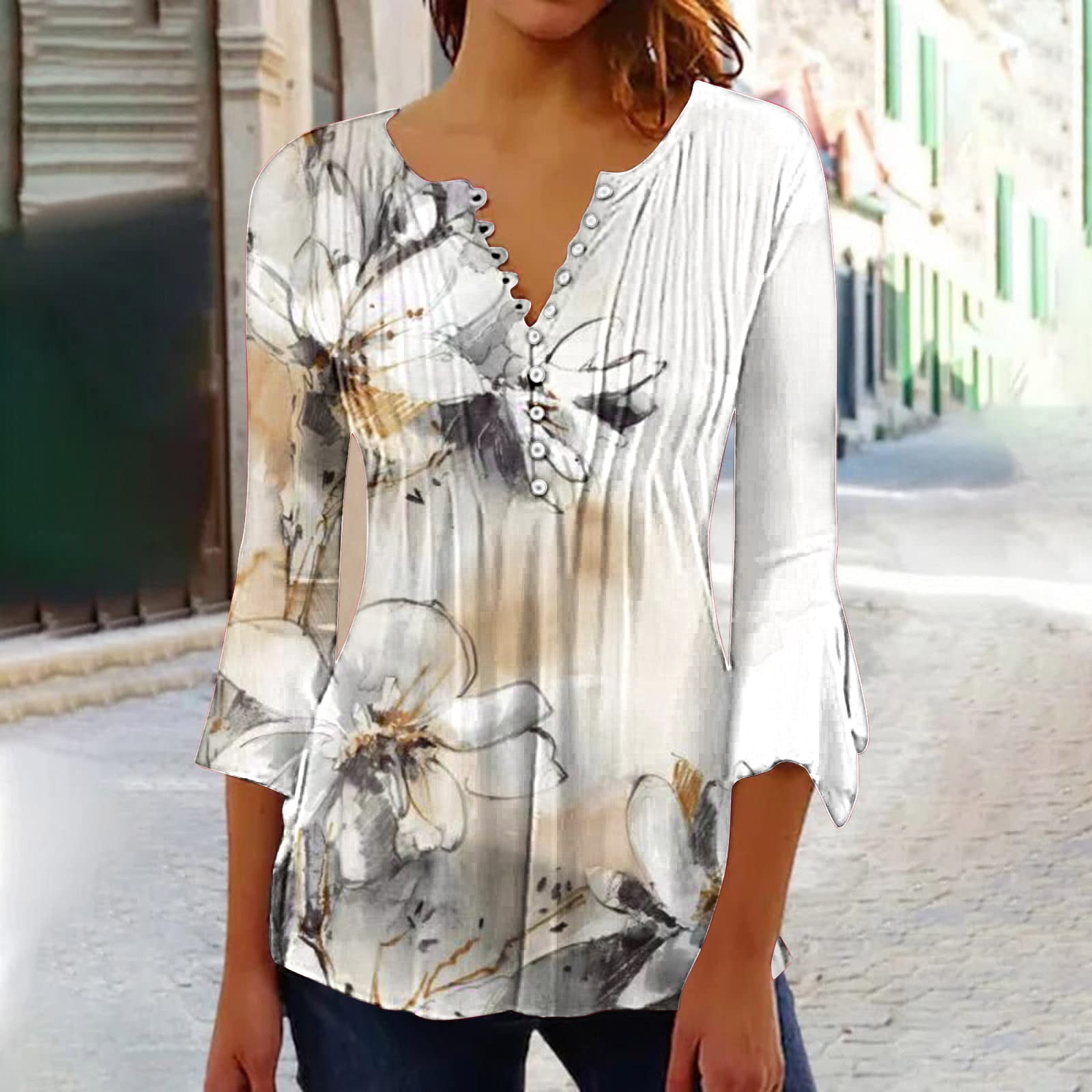 Munlar Womens Loose V Neck Beige Cropped Sleeve Tunic Tops Pleated ...