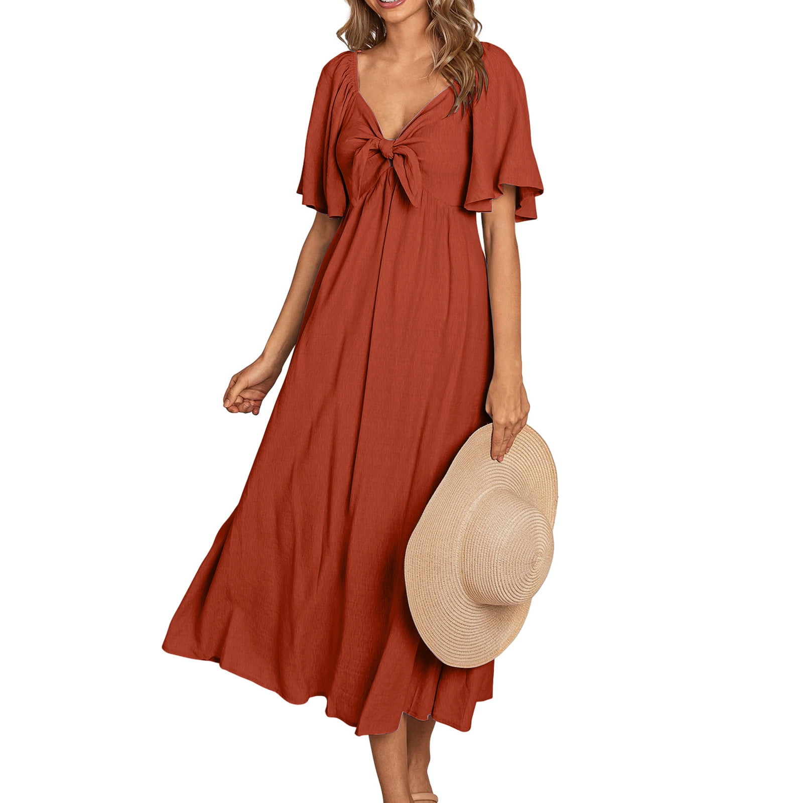Munlar Womens Short Sleeve Sundress Red V Neck A-line Flowy Midi Dress ...