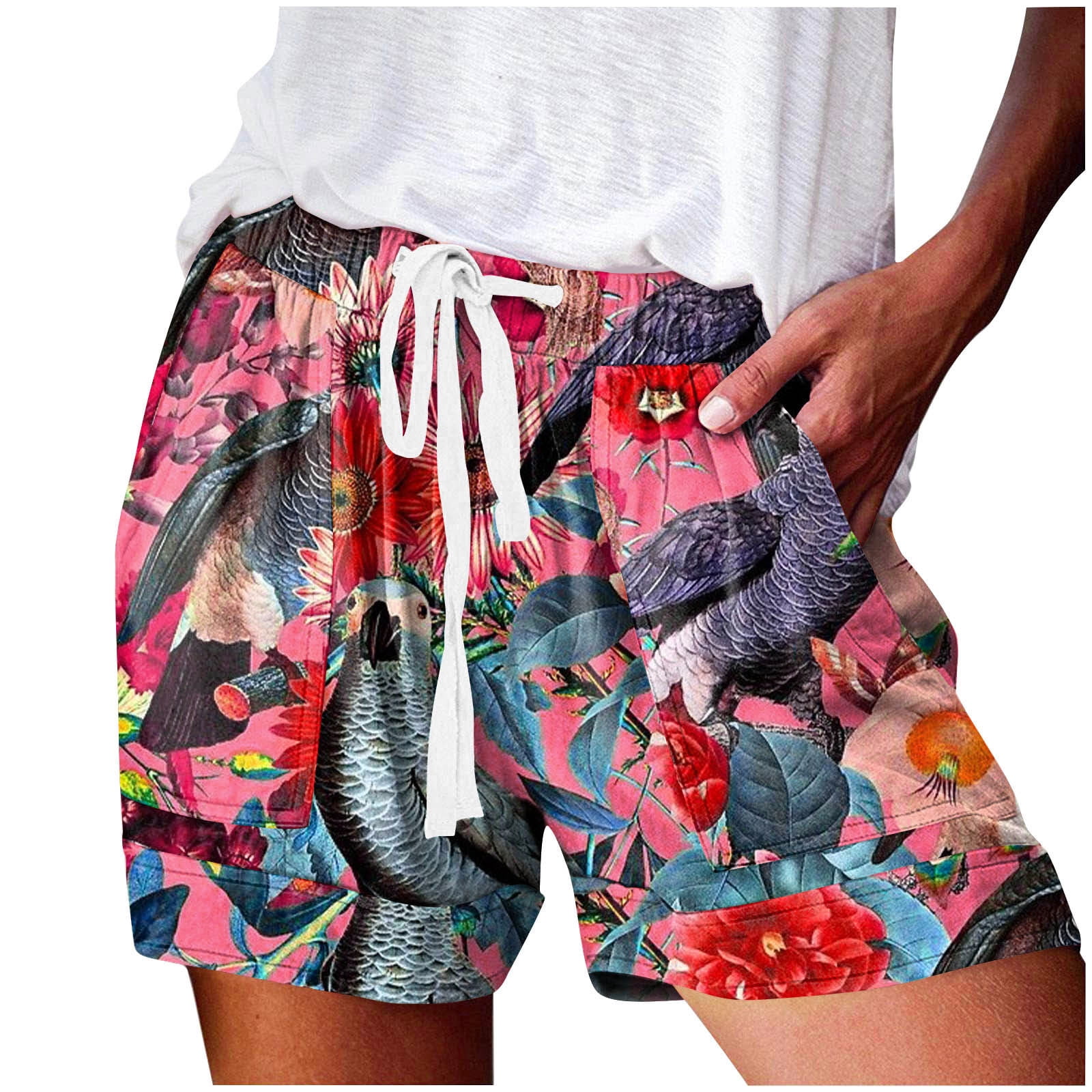 Munlar Womens Shorts Hot Pink Drawstring with Pockets Loose Boho Casual ...