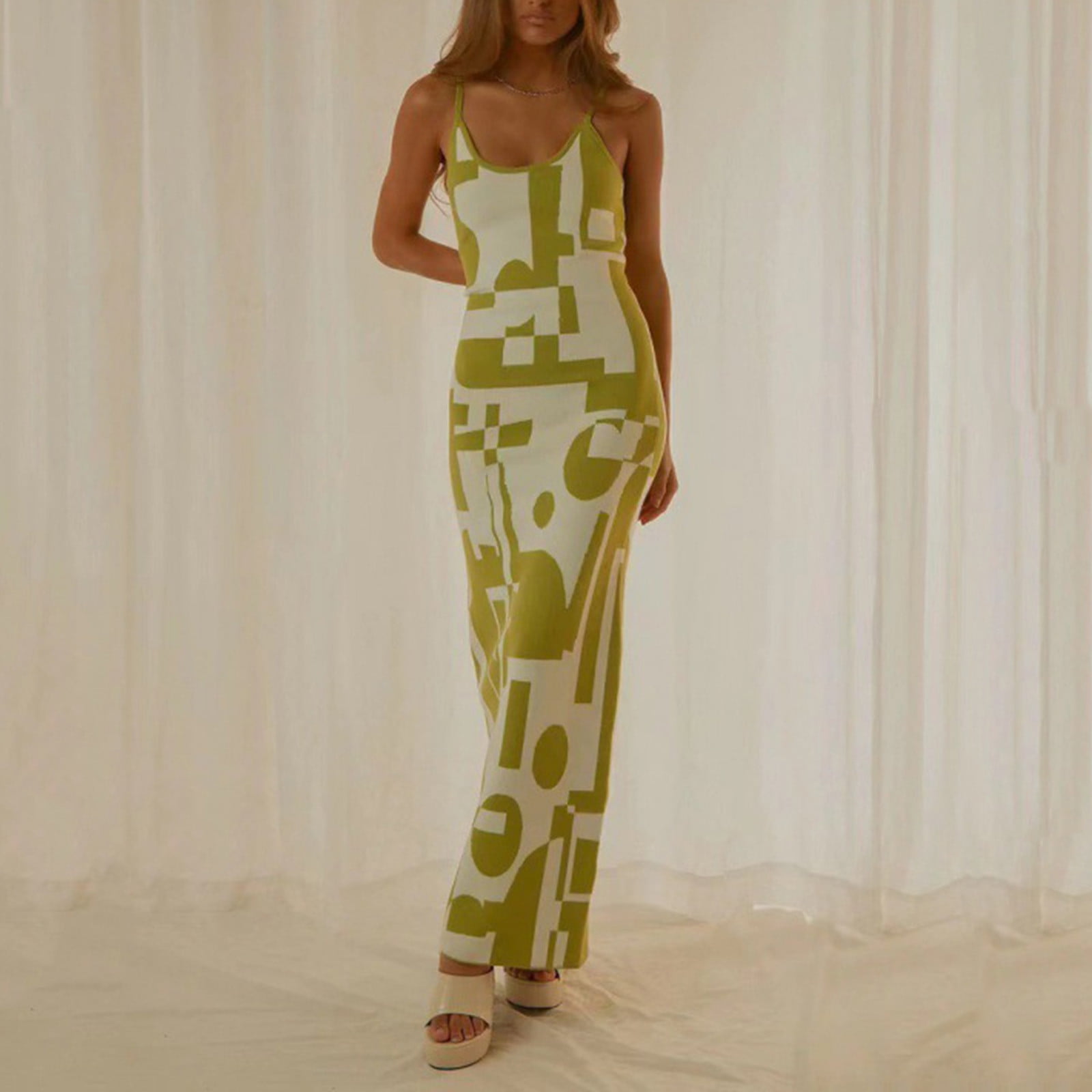 Munlar Womens Slip Dress Long Green Sleeveless Geometric Bodycon Knited ...