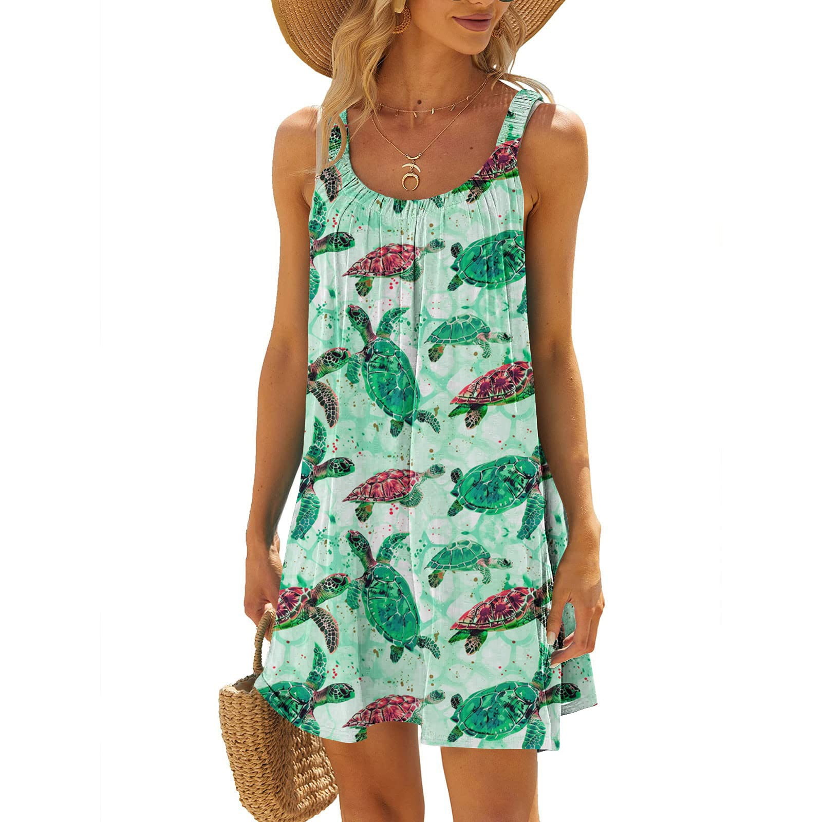 Munlar Womens Sun Dress Short Green Sleeveless Tank Dress Ruffles Boho ...