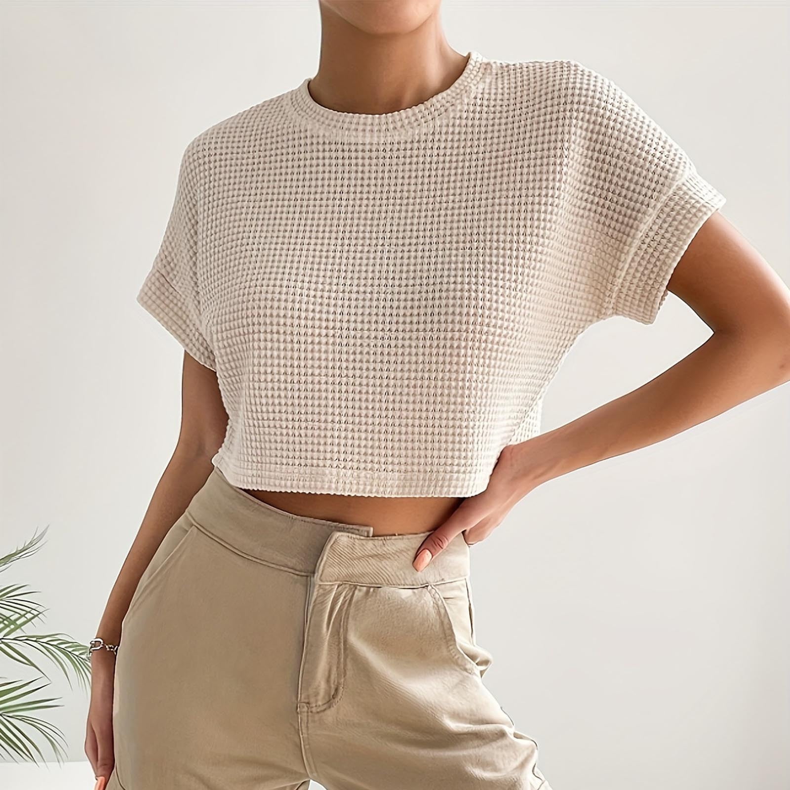 Munlar Womens Tops Waffle Summer Beige 2025 Plain Crew Neck Short ...