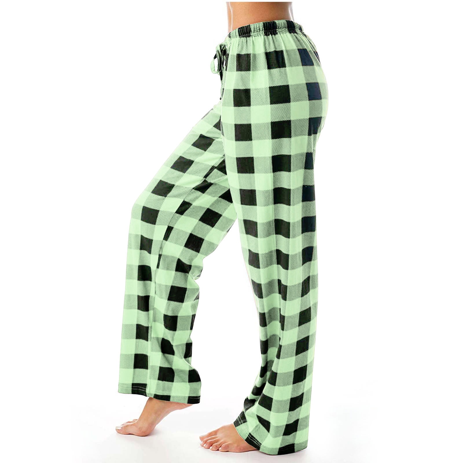 Munlar Womens Wide Leg Pants Loose Fit Green Elastic Waist Plaid Pajama ...