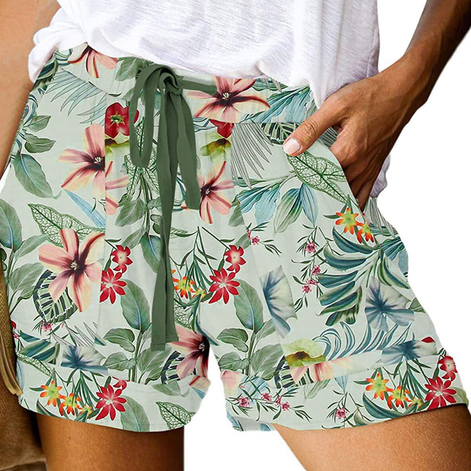 Munlar Workout Shorts Women's Shorts Drawstring Green Elastic Waist Shorts Summer Plus Size Boho ...