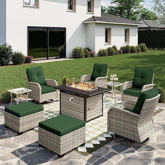Muphyers 9-Piece Wicker Swivel Rocker Chairs Set with 55000BTU Fire Pit ...