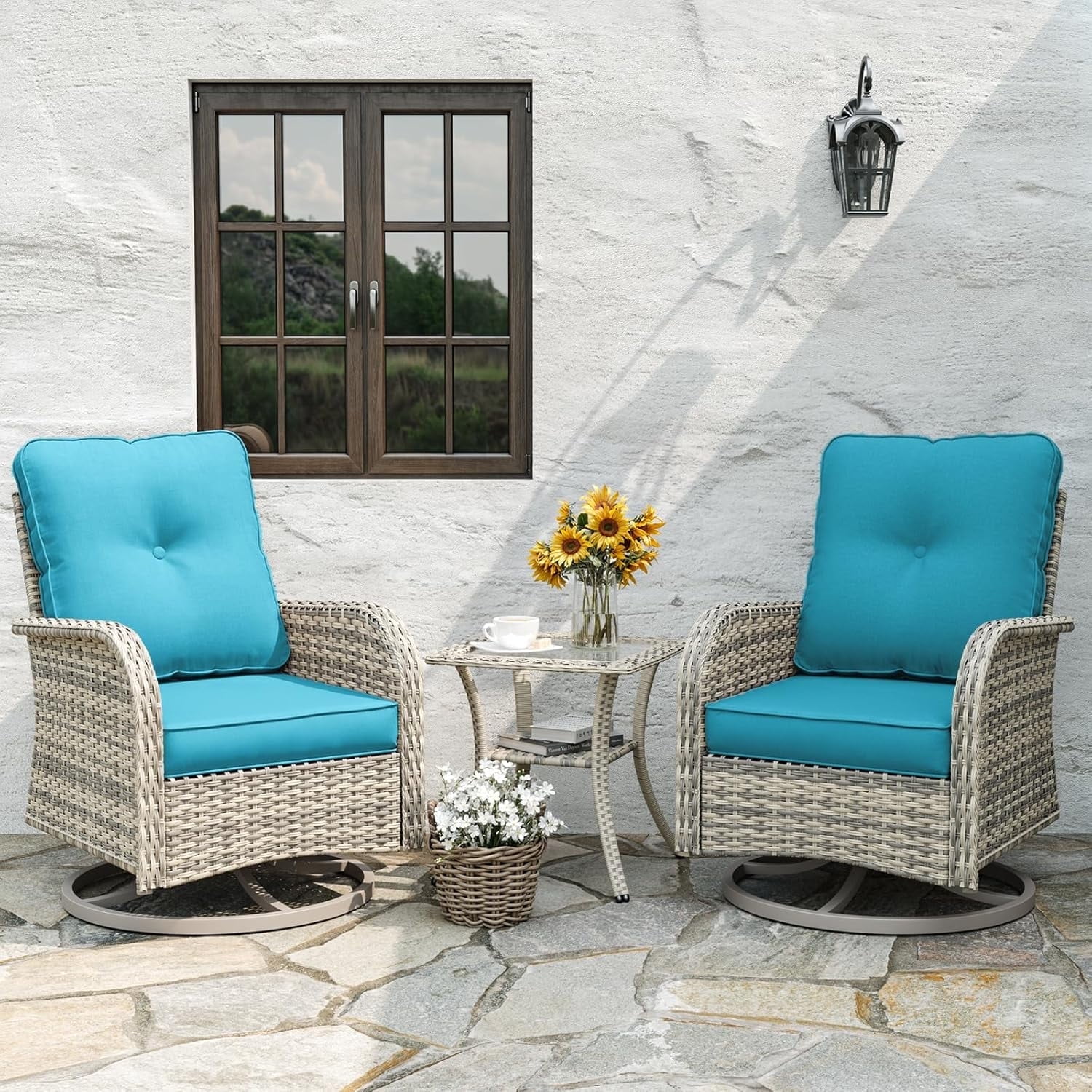 Patio Rocking Swivel Chair Outdoor Wicker Rattan Bistro Set with ...