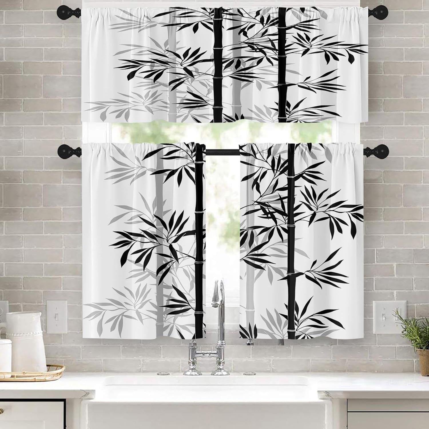 Muqhrev Bamboo Floral Kitchen Valances Window Curtains, 52 x 18 in (2 ...