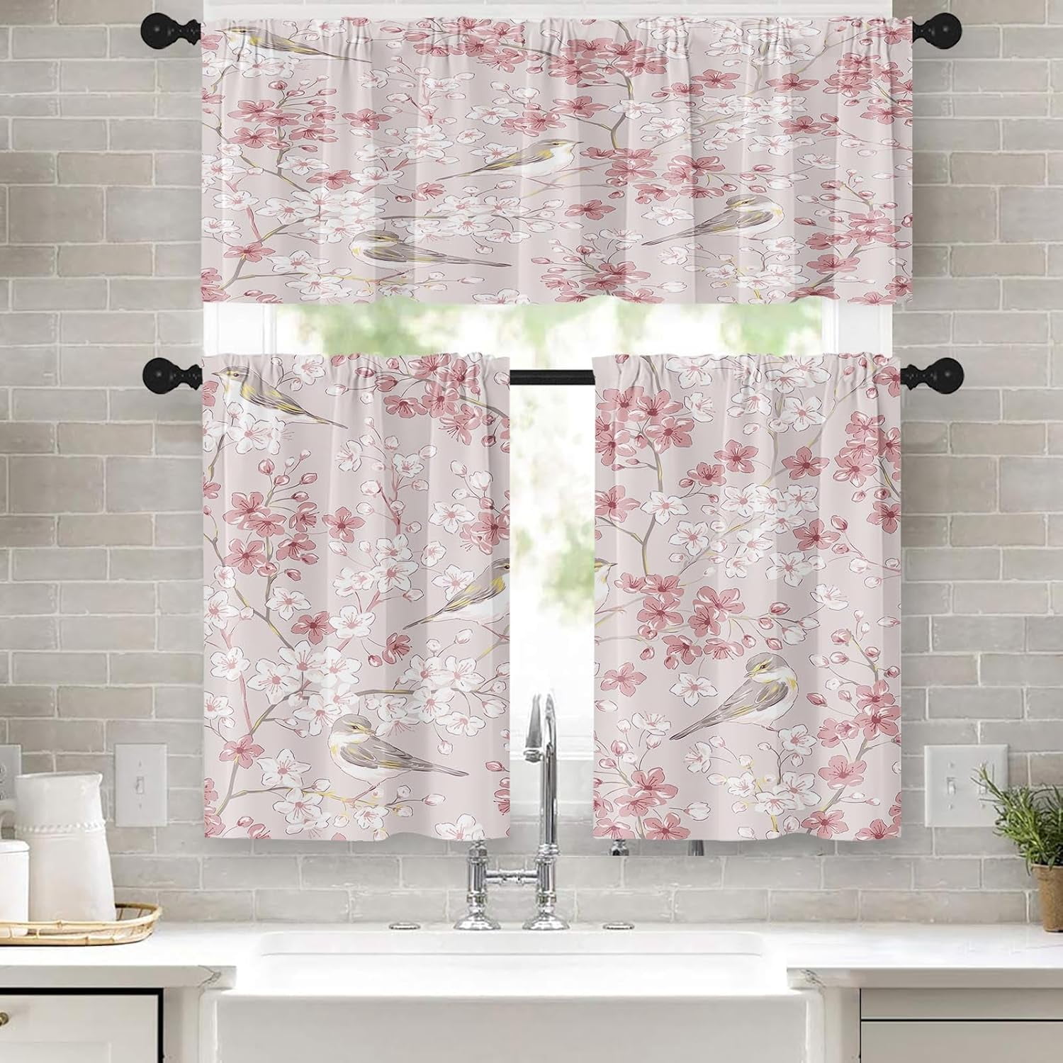 Muqhrev Vintage Pink Floral Spring Birds Kitchen Curtains Valance, 52 x ...