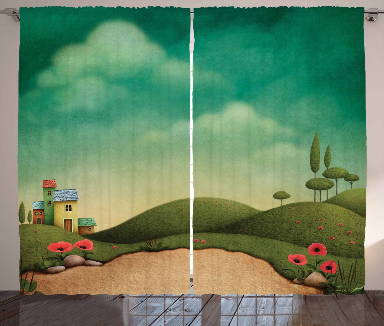 Ambesonne Mural Curtains 2 Panel Set, Abandoned Village Houses, 108" x ...