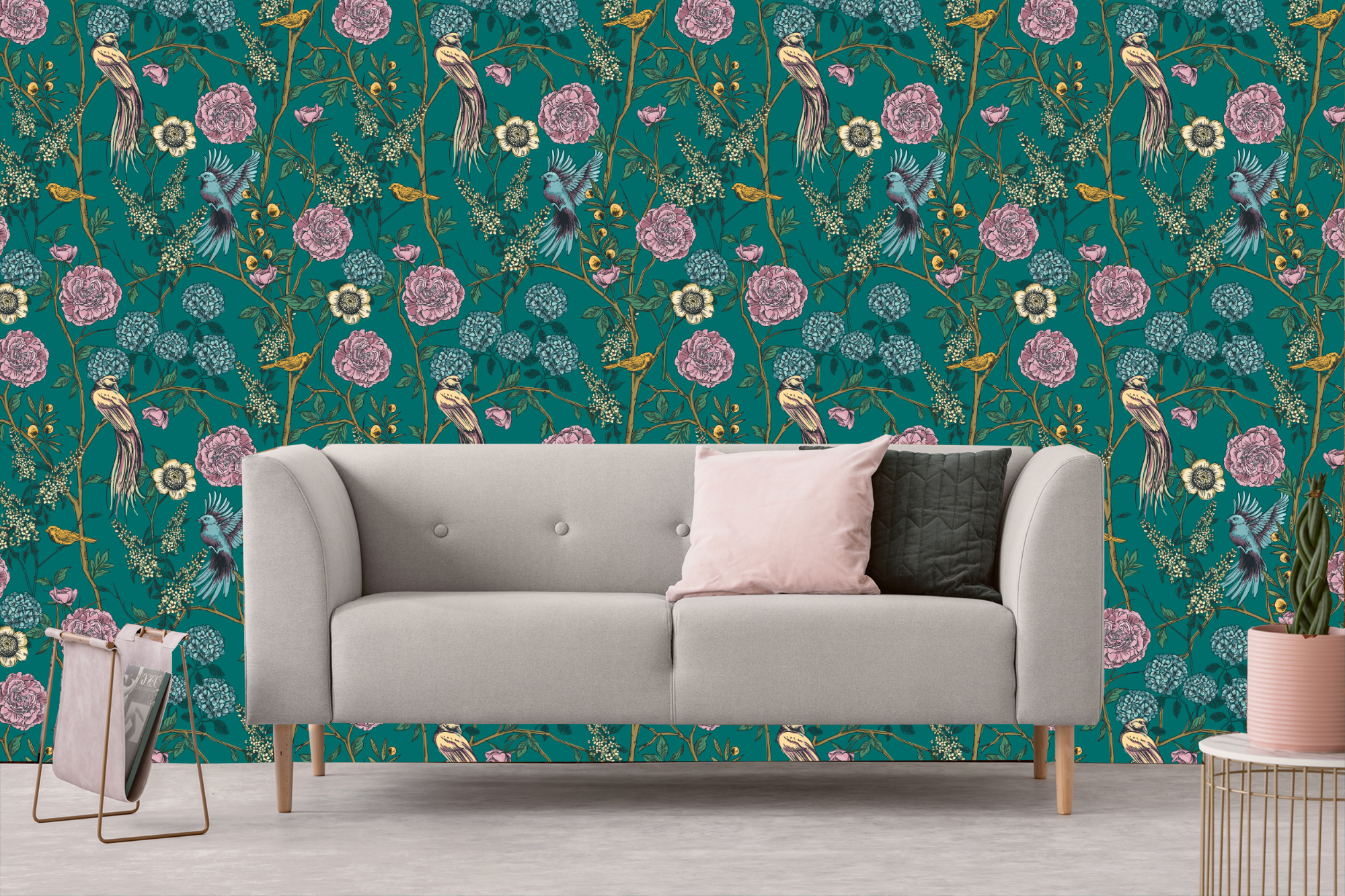 MuralsPrint Pine Floral and Birds Wallpaper, Removable Peel and Stick ...