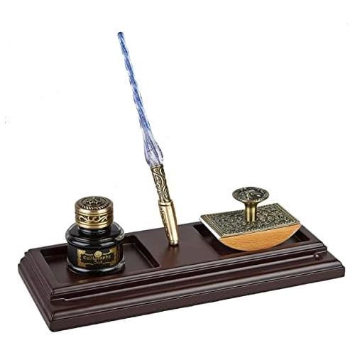 Murano Glass Pen Set With Blotter, Desk Set With Bronze Details (Blue ...