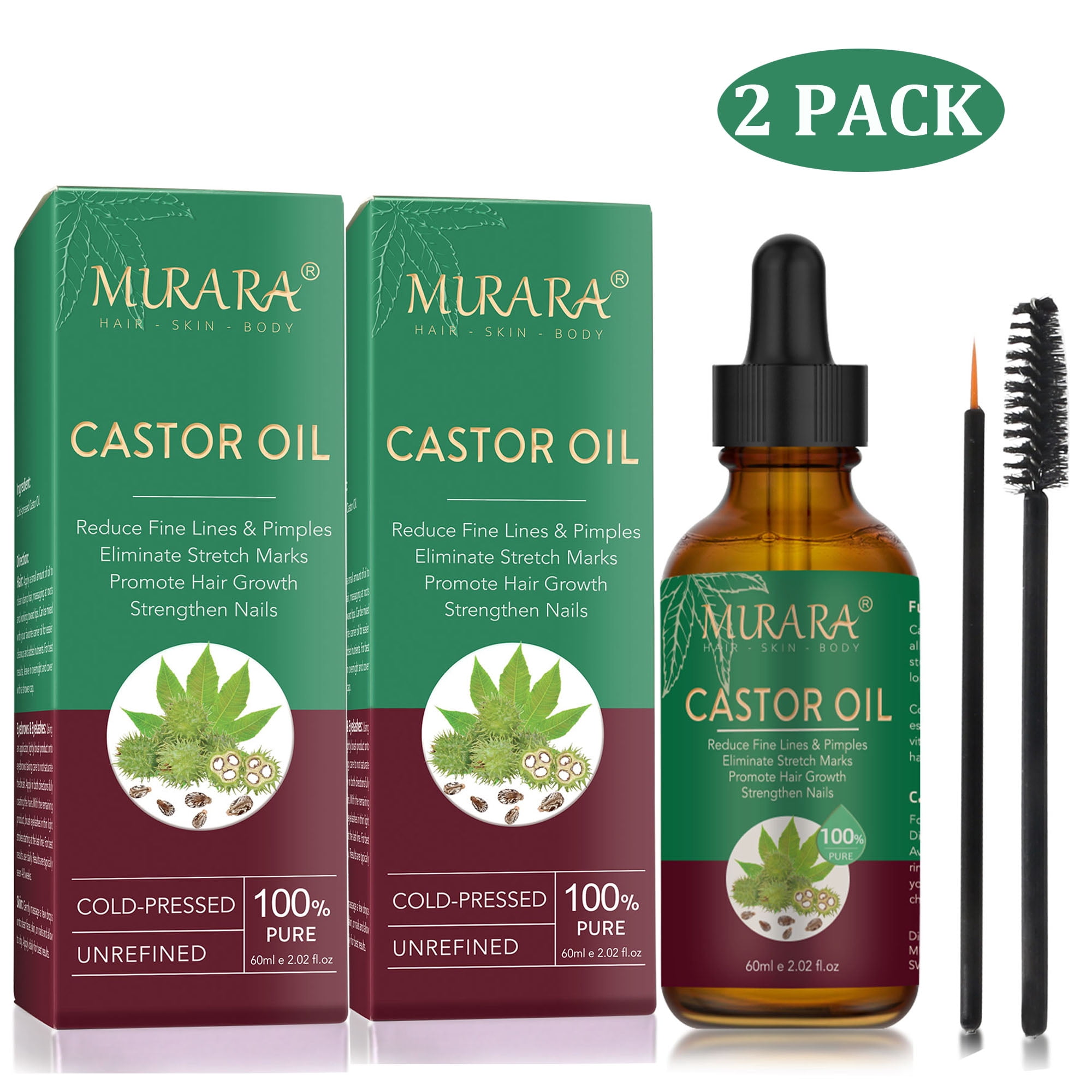 Murara Organic Castor Oil (2 Pack) for Hair, Eyelashes, Eyebrows, Skin ...