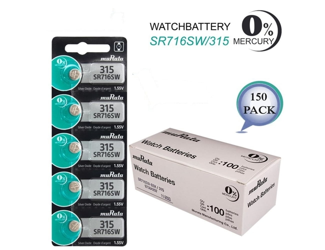 Murata 315 Watch battery - Strip of 150 Batteries - Walmart.com