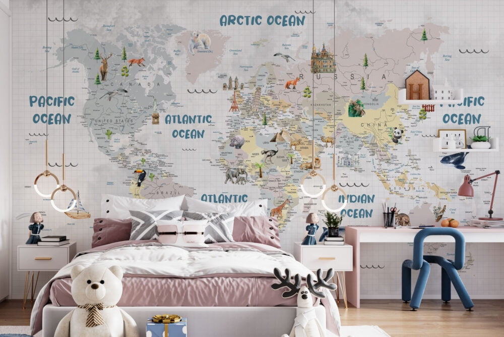 Muravie Cute Animal World Map For Kids Wallpaper - Walmart.com