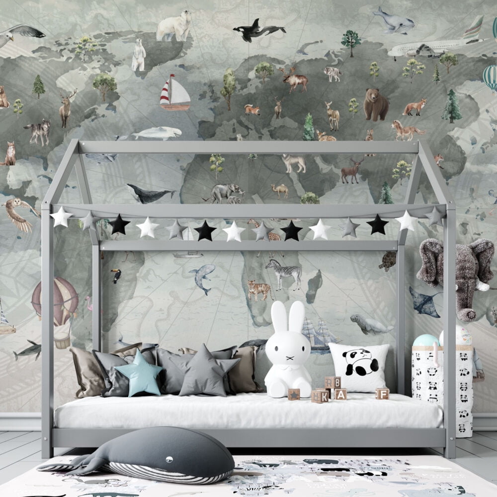 Muravie Kids World Map with Animals and Compass Wallpaper - Walmart.com