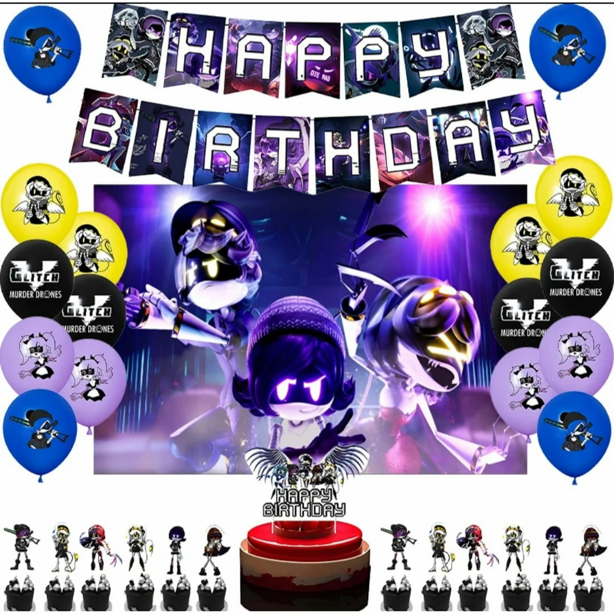Murder Drones Party Supply Cake Topper, Banner, Balloons and Backdrop ...