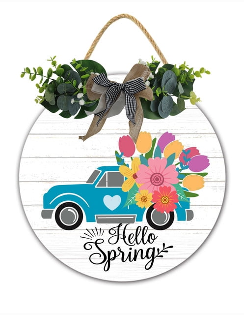 Muroanmi Floral Truck Wood Door Sign Welcome Spring Sign Wreath for ...
