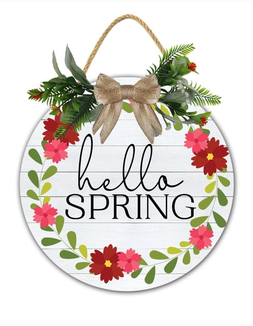 Muroanmi Hello Spring Door Decorations Sign 12Inch Flowers Wreath ...